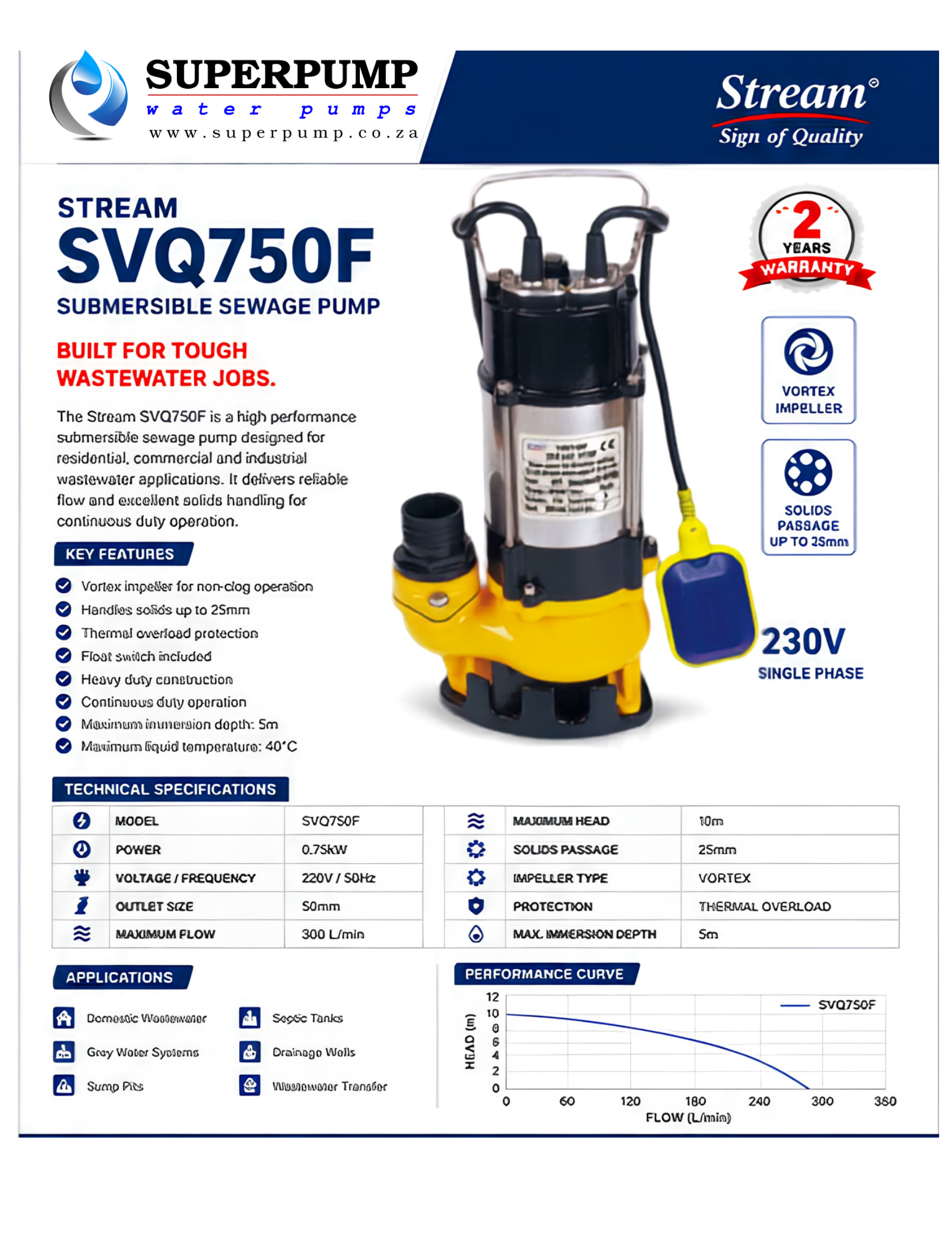 Stream Submersible Sewage Pump 0.75kW | SuperPump Shop